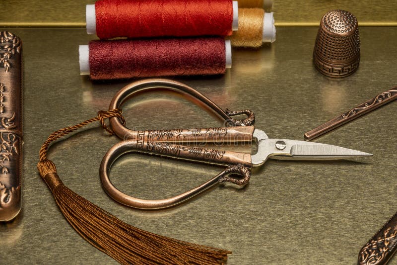 Vintage Style Copper Sewing Set Along with Unused Spools of Thread ...