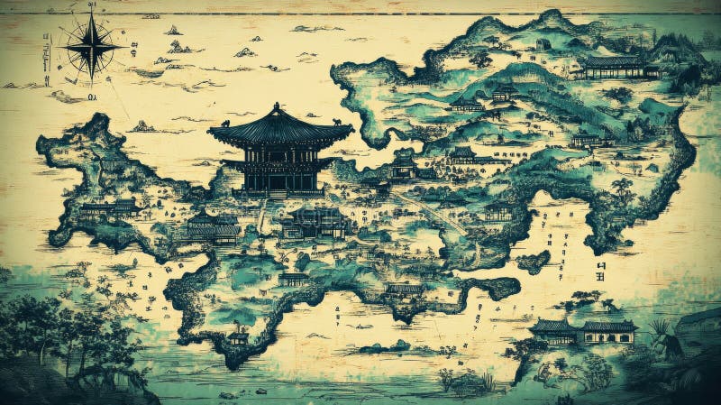 Vintage-style South Korea Map with Artistic and Cultural Elements Stock ...