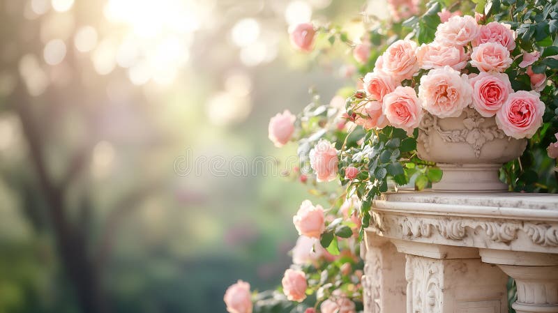Vintage Style Stone Balcony with Pink Roses Bush Stock Illustration ...