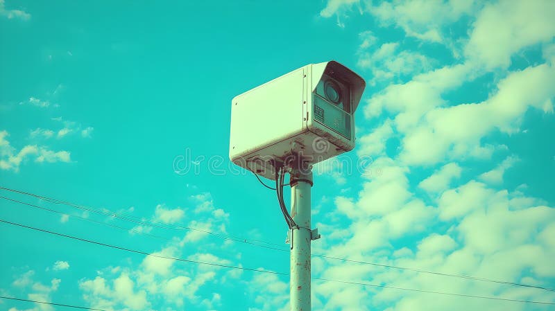 Vintage Style Surveillance Camera on a Pole with a Blue Sky and Clouds ...