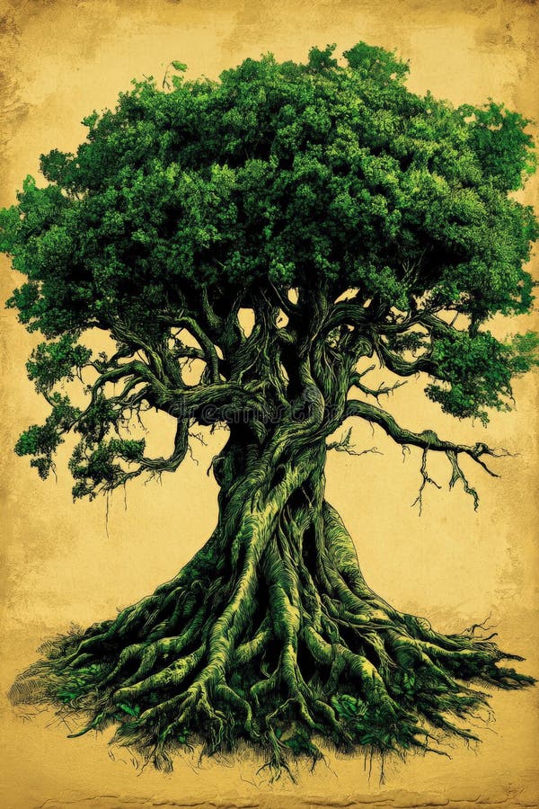 Vintage Style Tree Deep Roots Textured Background Emphasizing Strength ...