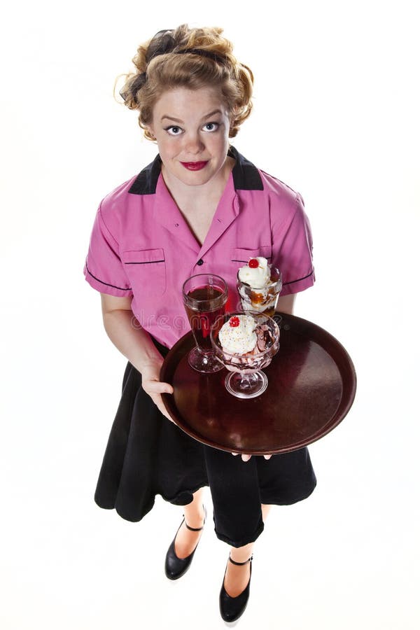 Vintage Style Waitress Serving Ice Cream Stock Photo - Image of cute ...