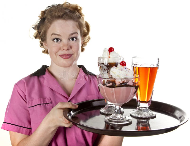 Vintage Style Waitress Serving an Ice Cream Sundae Stock Image - Image ...