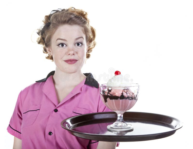 Vintage Style Waitress Serving an Ice Cream Sundae Stock Image - Image ...
