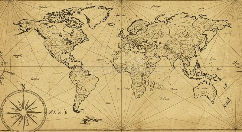 Vintage-style World Map Featuring Continents and Oceans Labeled in an ...