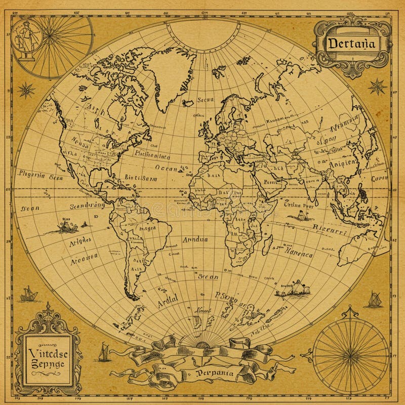Vintage-style World Map with Imaginative and Fictional Elements ...