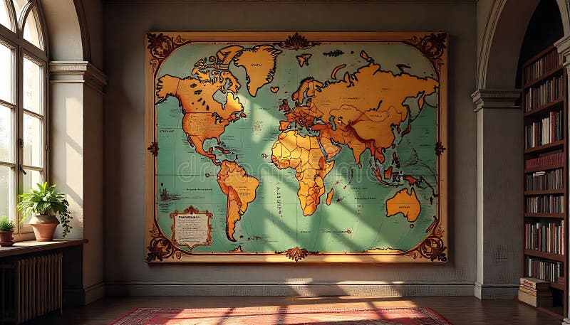 Vintage Style World Map in a Study Room with Classic Library Design ...