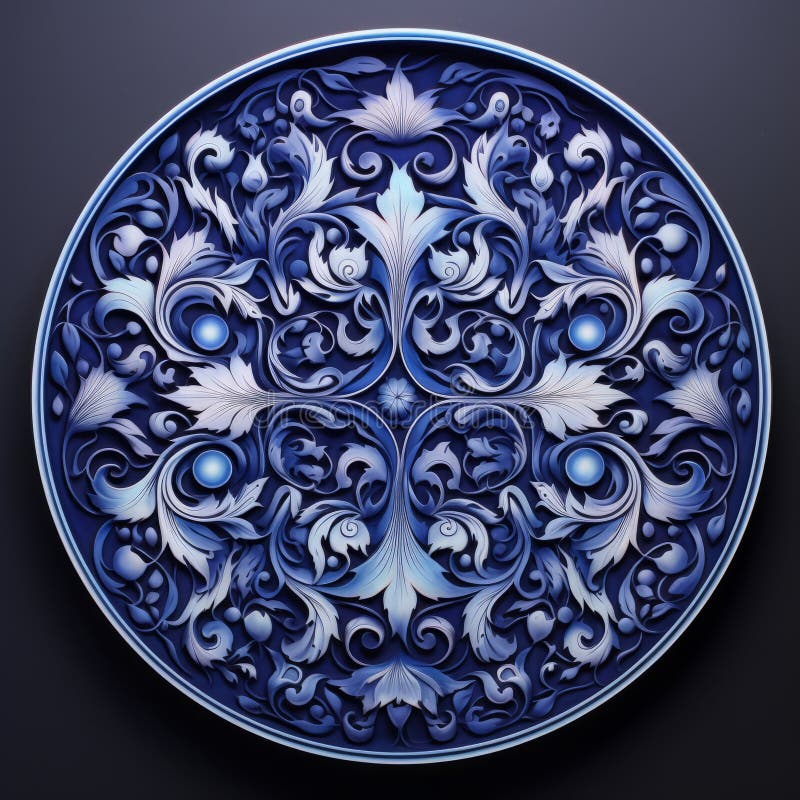 Vintage Stylized Blue Decorative Circular Design in Detailed ...