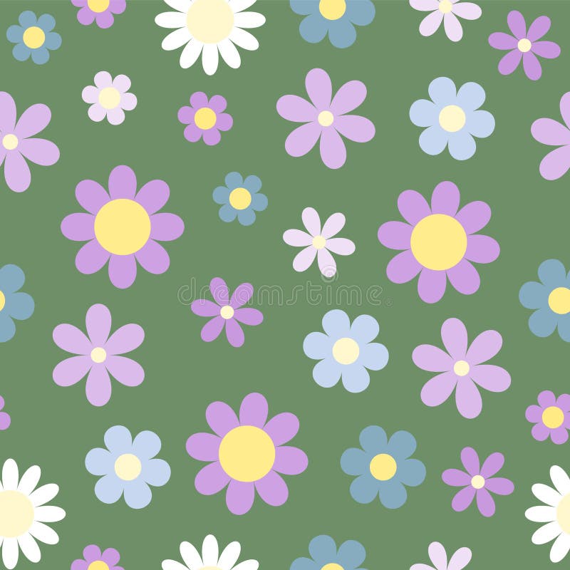 Vintage Stylized Daisy Flower Seamless Pattern On Green Background ...