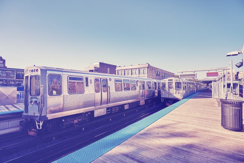 Vintage Stylized Subway Trains on Platform in Chicago. Stock Image ...