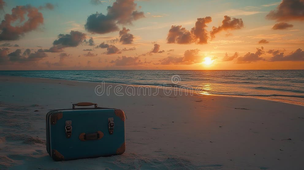 Vintage Suitcase on Beach at Sunset Stock Photo - Image of blue ...