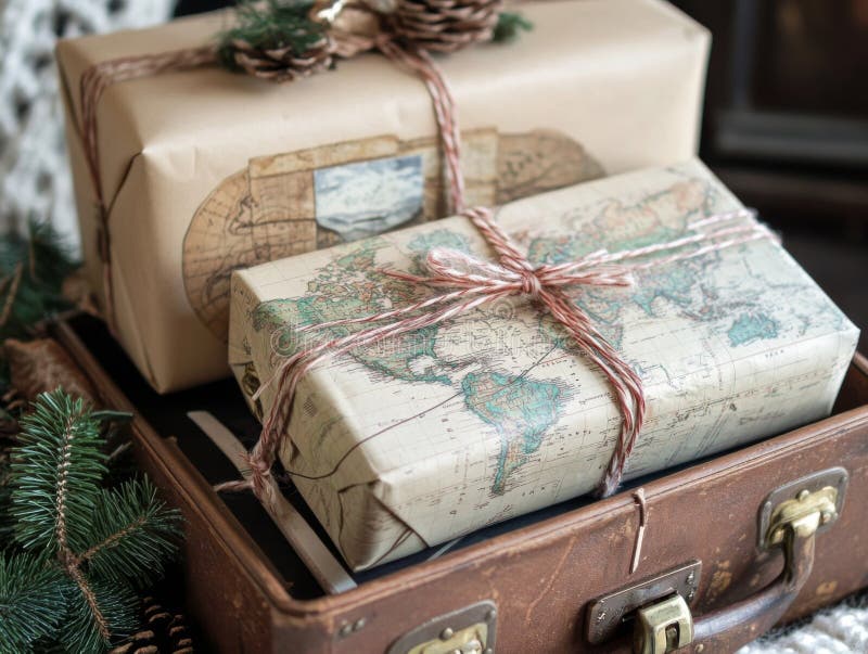 Vintage Suitcase Filled with World Map Wrapped Gifts Stock Illustration ...
