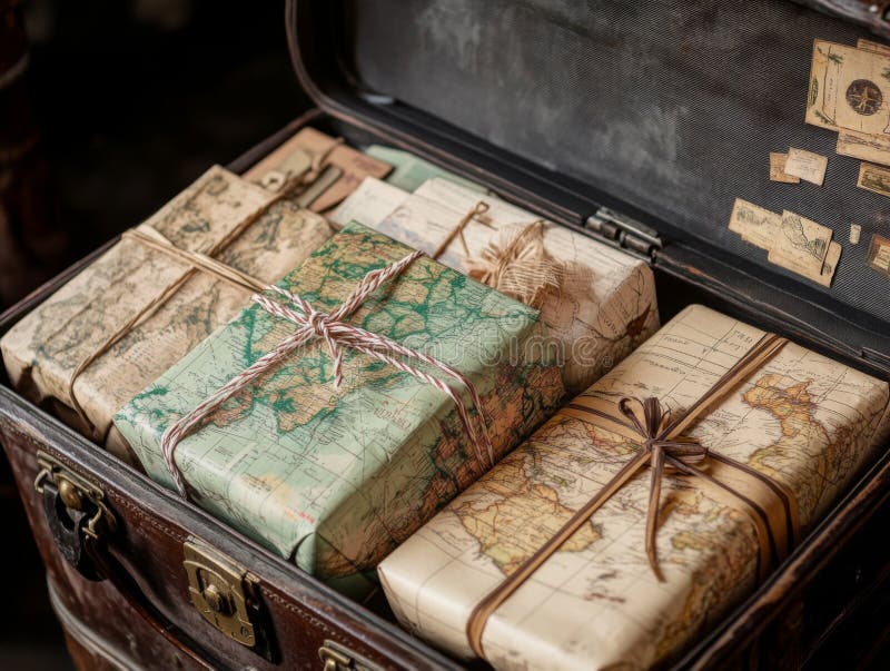 Vintage Suitcase Filled with World Map Wrapped Gifts Stock Illustration ...