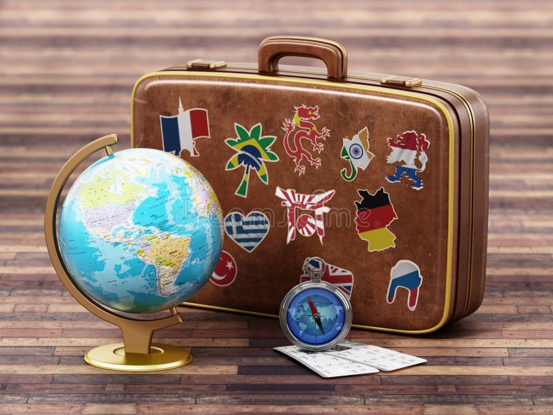 Vintage Suitcase with Flags of World Countries, Globe, Compass and ...