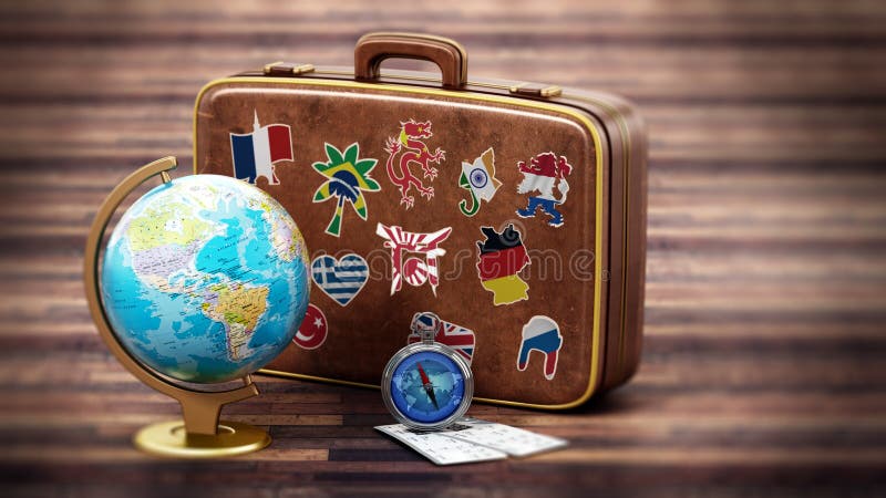 Vintage Suitcase with Flags of World Countries, Globe, Compass and ...