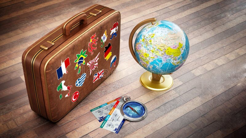 Vintage Suitcase with Flags of World Countries, Globe, Compass and ...