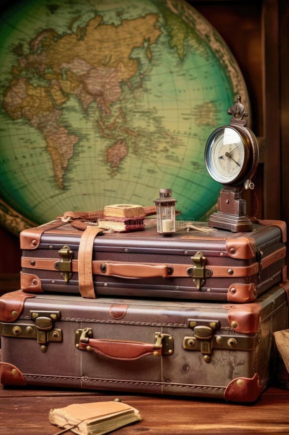 Vintage Suitcase with Map and Compass on Wooden Table Stock ...