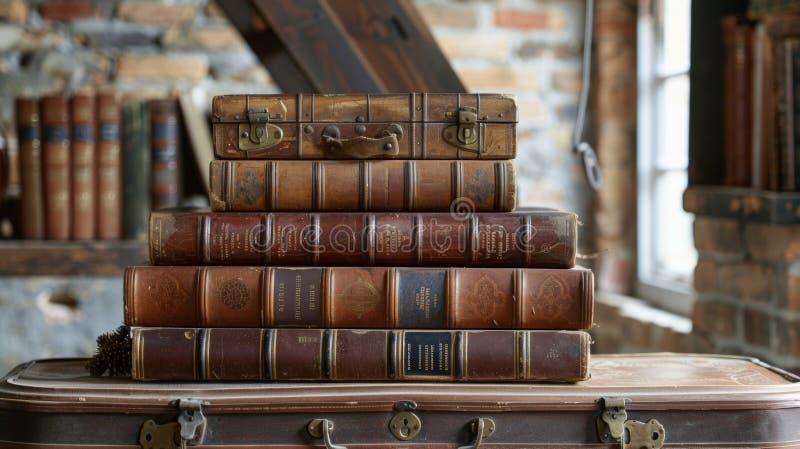 A Vintage Suitcase Propped Up on a Stack of Old Leatherbound Books ...
