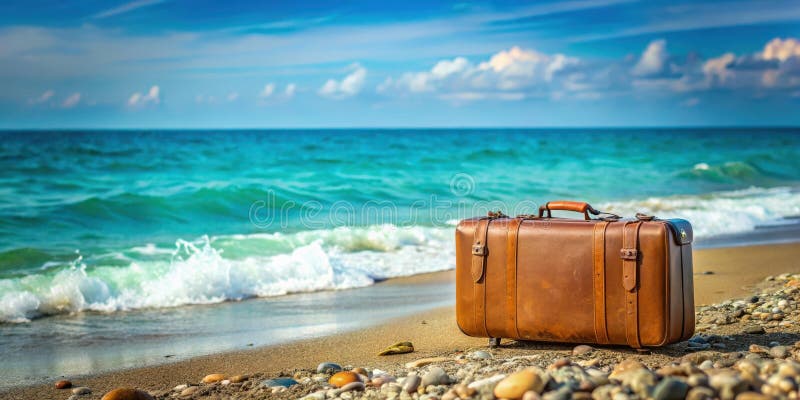 A Vintage Suitcase on a Sandy Beach beside a Turquoise Ocean Under a ...