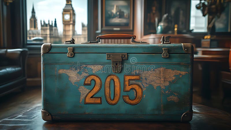 Vintage Suitcase with World Map and Number 205 Sits on Table in Room ...