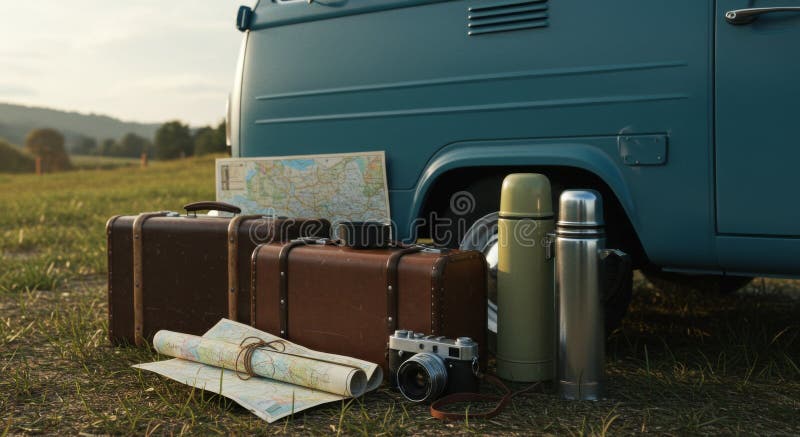 Vintage Suitcases and Map beside Retro Blue Van Stock Illustration ...