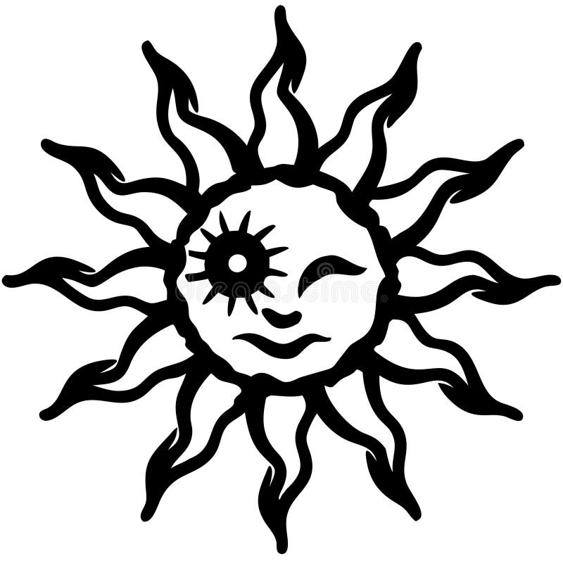 Vintage Sun Face Vector Illustration with Stylized Rays for Tattoo or ...