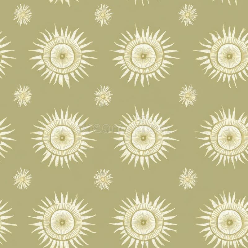 Vintage Sunburst Pattern on Olive Green Background - Floral Textile ...