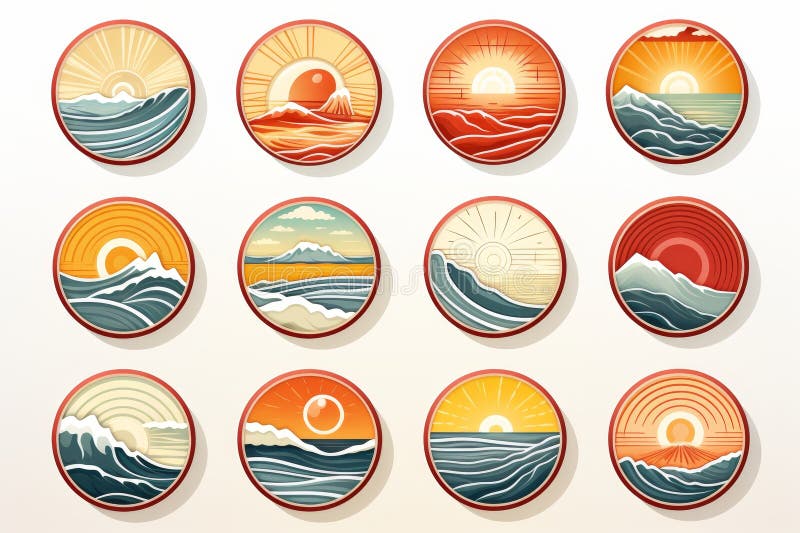 Vintage Sunset Badges in 80s and 90s Style for Summer Vibes Vector ...