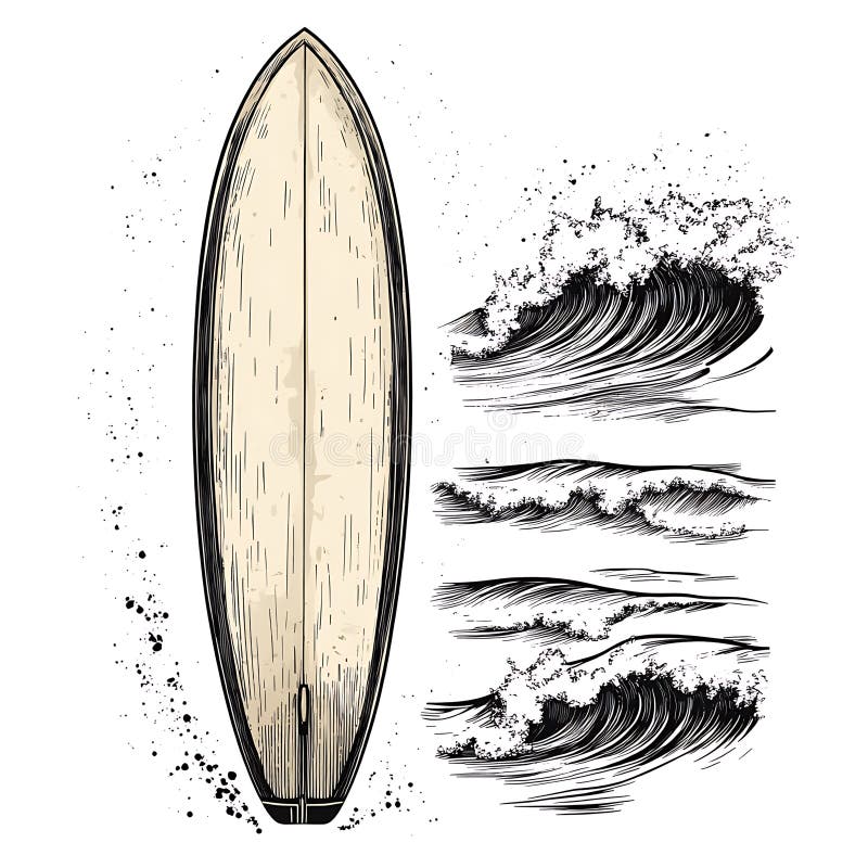 Vintage Surfboard and Ocean Waves Sketch Stock Illustration ...