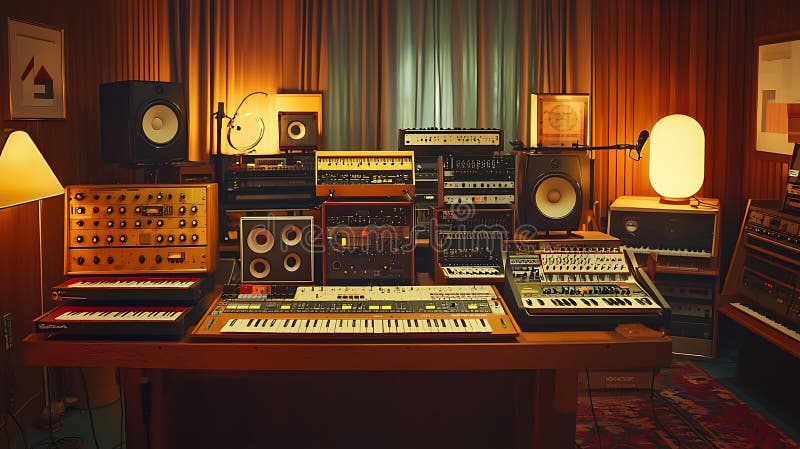 Vintage Synthesizers and Audio Equipment in a Home Studio Stock ...