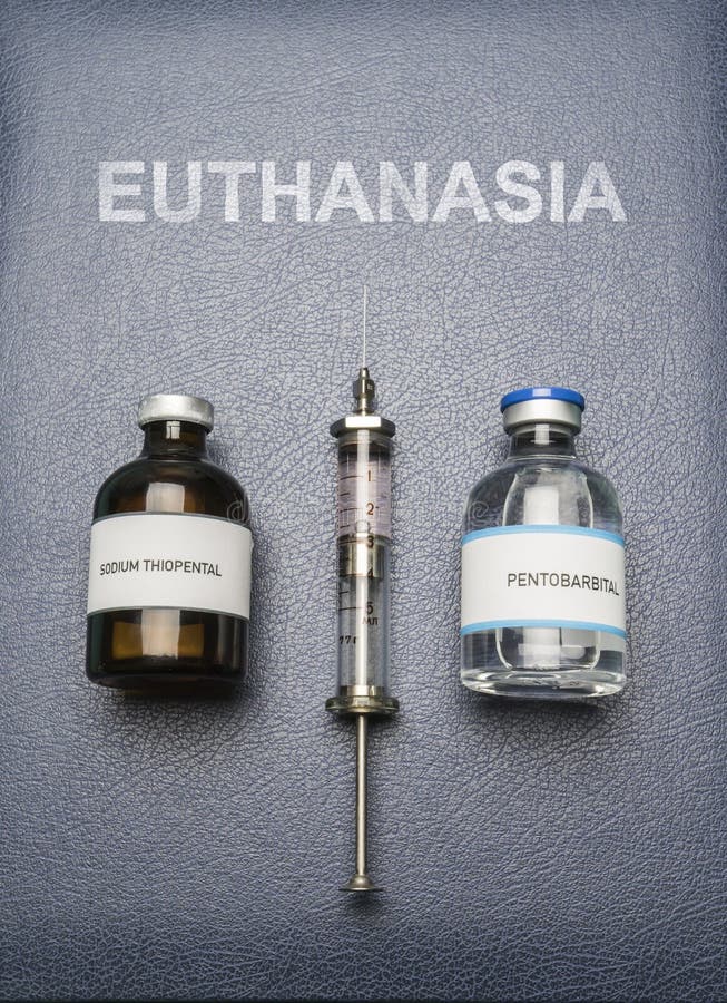 Vintage Syringe and Drugs Used in Lethal Injection on a Book of Euthanasia, Digital Composition ...