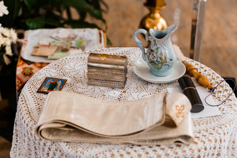 Vintage Table Setting with Decorative Items and Textiles Stock Photo ...