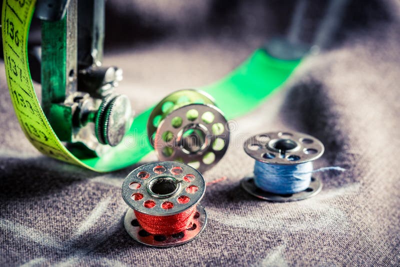 Vintage Tailor Machine with Needle, Threads and Tailor Tape Stock Photo ...