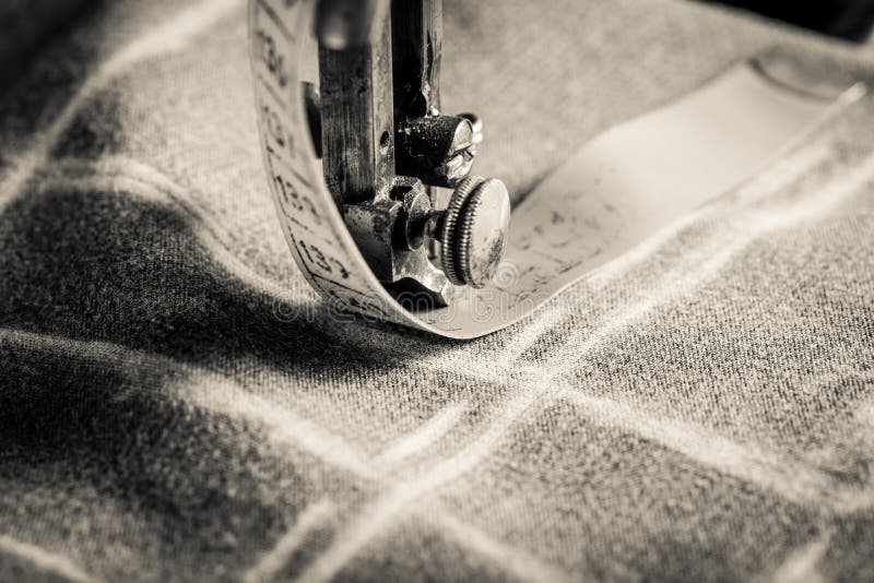 Vintage Tailor Machine with Scissors, Cloth and Threads Stock Image ...