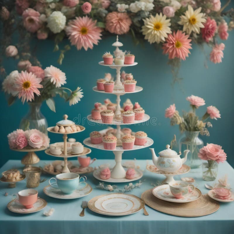 Vintage Tea Party Table with Cupcakes, Cakes and Flowers. Generative Ai ...