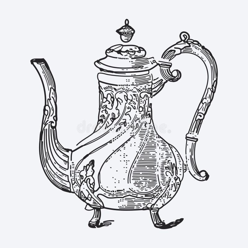 Vintage tea pot engraving stock vector. Illustration of drawing - 74701718