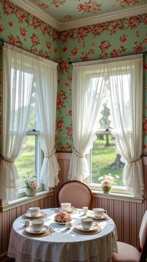 Vintage Tea Room with Floral Wallpaper and Elegant Table Setting by ...
