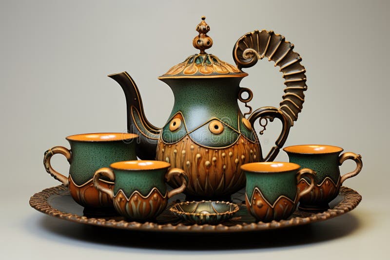 Vintage Tea Set with Ornate Teapot and Cups Stock Image - Image of ...