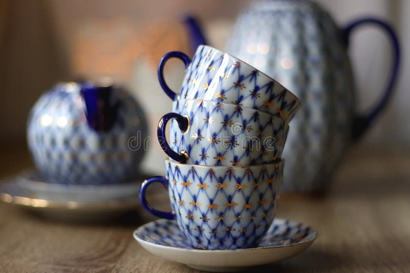 Vintage Tea Set stock image. Image of cafe, golden, blue - 273428401
