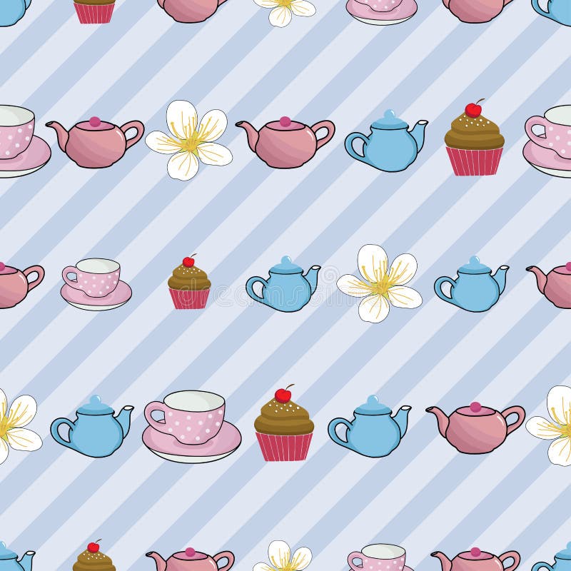 Vintage Tea Time Seamless Pattern on Pastel Purple Stripes Stock Vector ...