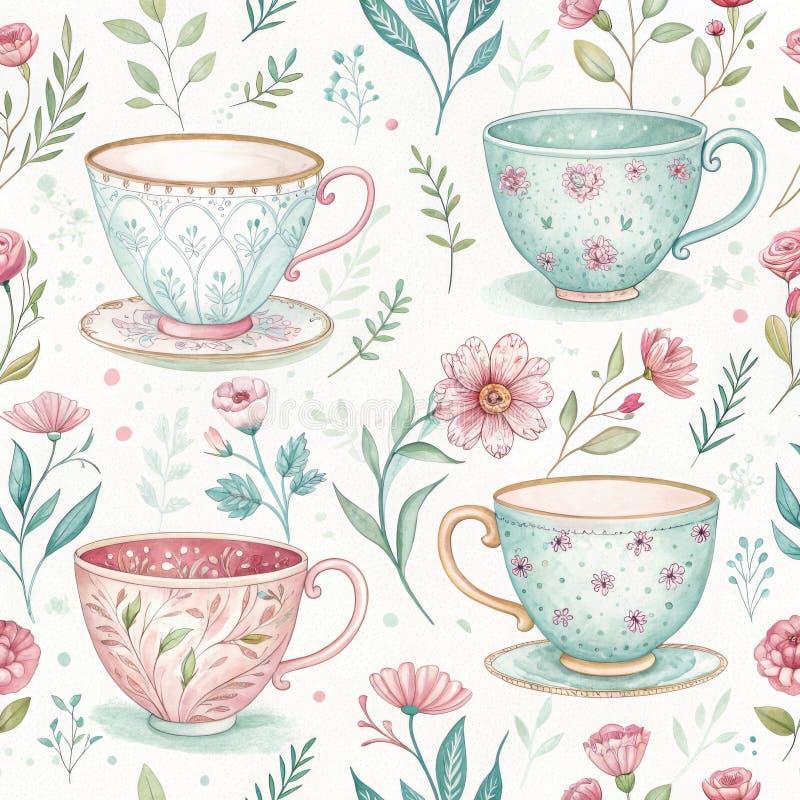 Vintage Teacup Pattern with Pastel Floral Designs and Decorative Leaves ...