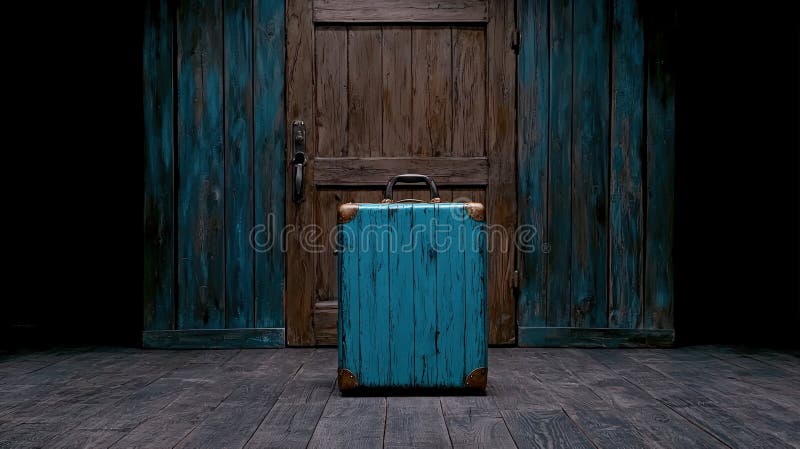 A Vintage Teal Suitcase in Front of a Rustic Wooden Door Stock ...