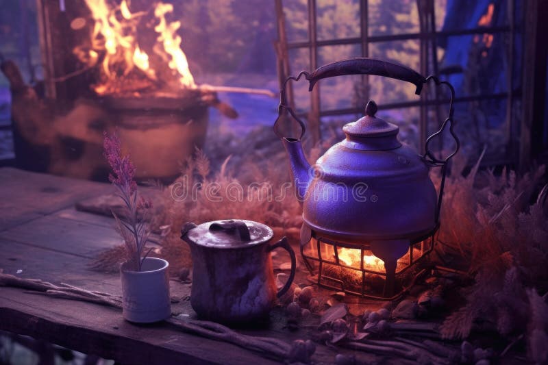 Vintage Teapot with Lavender Tea Brewing beside Glowing Campfire Stock ...