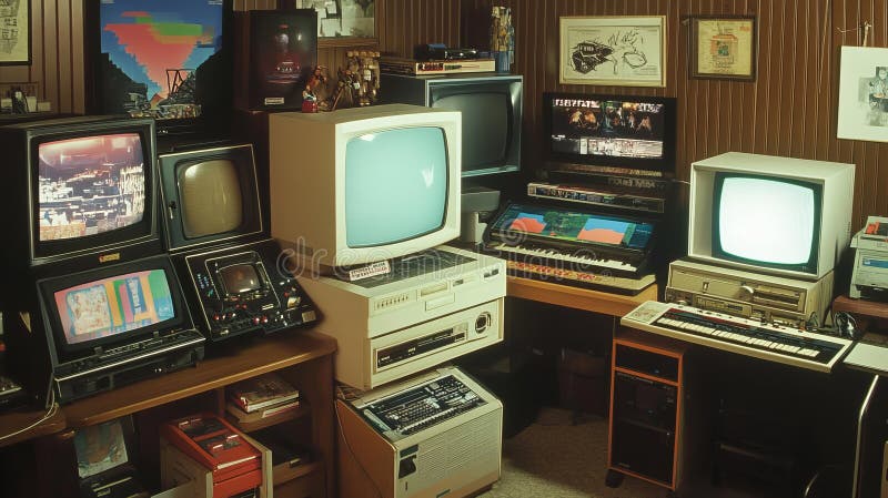 Vintage Tech Setup Featuring Retro Monitors, Keyboards, and Audio ...