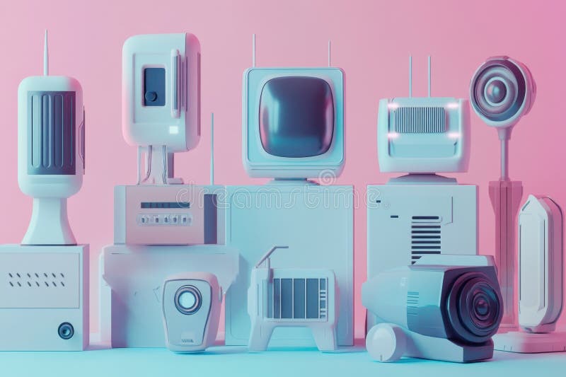 Vintage Technology Display Featuring Retro Gadgets in Pastel Colors on ...