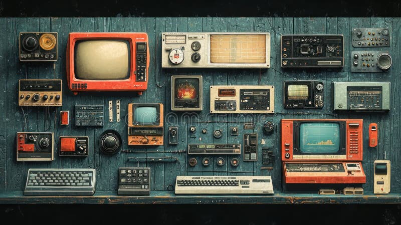 Vintage Technology and Electronics Collection Arranged on a Retro ...