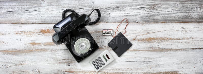 Vintage Technology Includes Rotary Dial Phone and Old Data Disk and ...