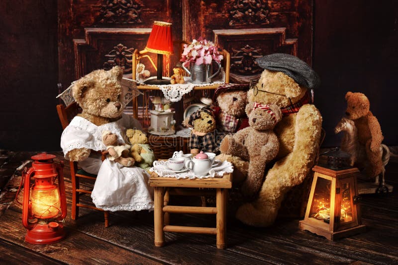 Vintage Teddy Bear Family Sitting at the Tea Table Stock Photo - Image ...