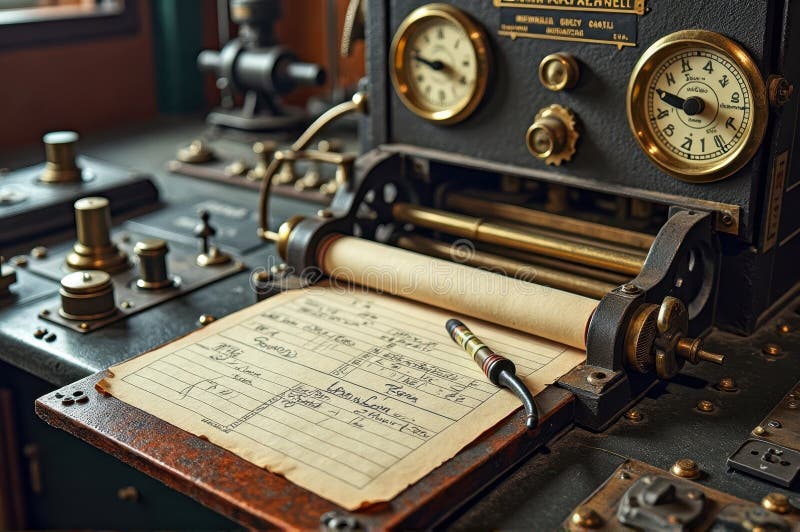 Vintage Telegram Machine with Intricate Dials and Paper Roll in a ...