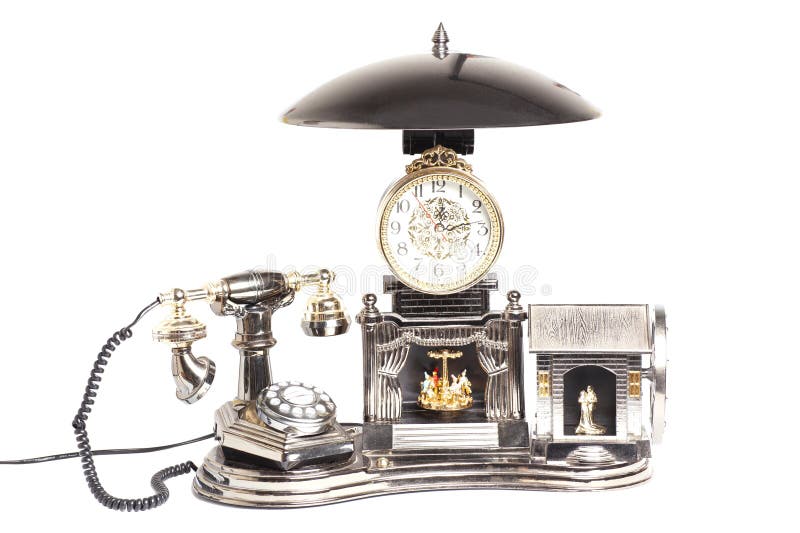 Vintage Telephone, Antique Clock with Lamp Isolated on White Stock ...